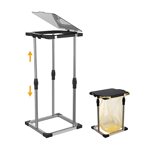 yamagahome Metal Trash Bag Holder, 16-28 Inch Height Adjustable Garbage Bag Holder with Lid, Clamp Ring and Corner Protection, Collapsible Outdoor Waste Bins, Trash Bag Stand for RV and Camping, Black