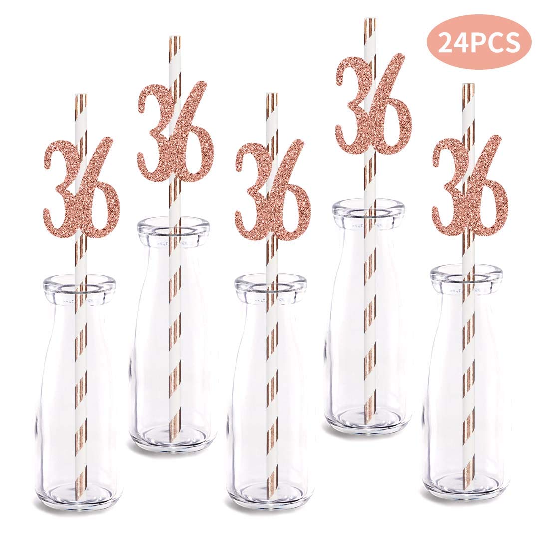 Rose Happy 36th Birthday Straw Decor, Rose Gold Glitter 24pcs Cut-Out Number 36 Party Drinking Decorative Straws, Supplies