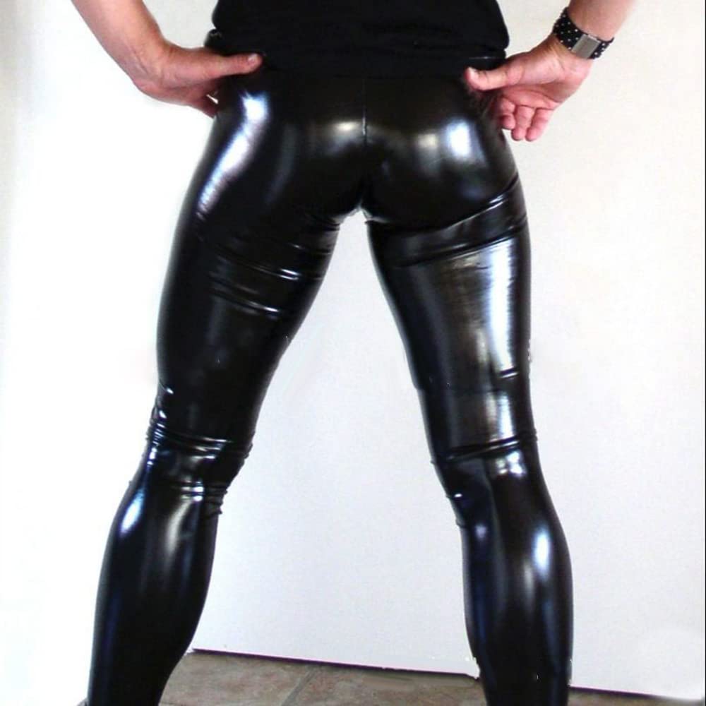 Mens PU Leather Sweatpants Compression Legging Wet Look Skinny Pouch Pants Trousers Clubwear Tight, Black