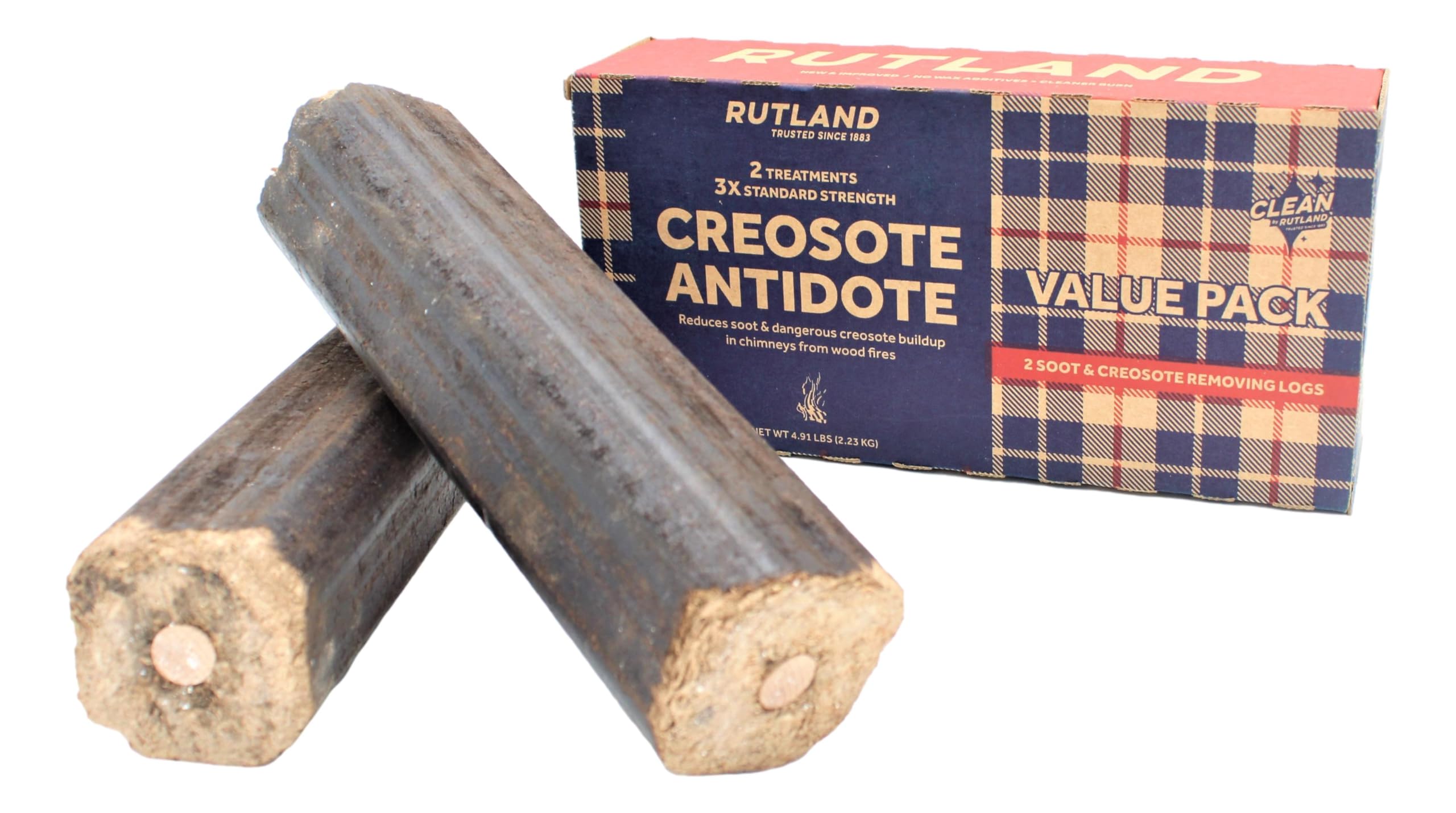 Rutland Creosote Antidote™, 3X Cleaning Power, Chimney Cleaning Fire Logs, 2-Pack Creosote Sweeping Firelogs, 2.45 lbs Each Treatment, Made in USA