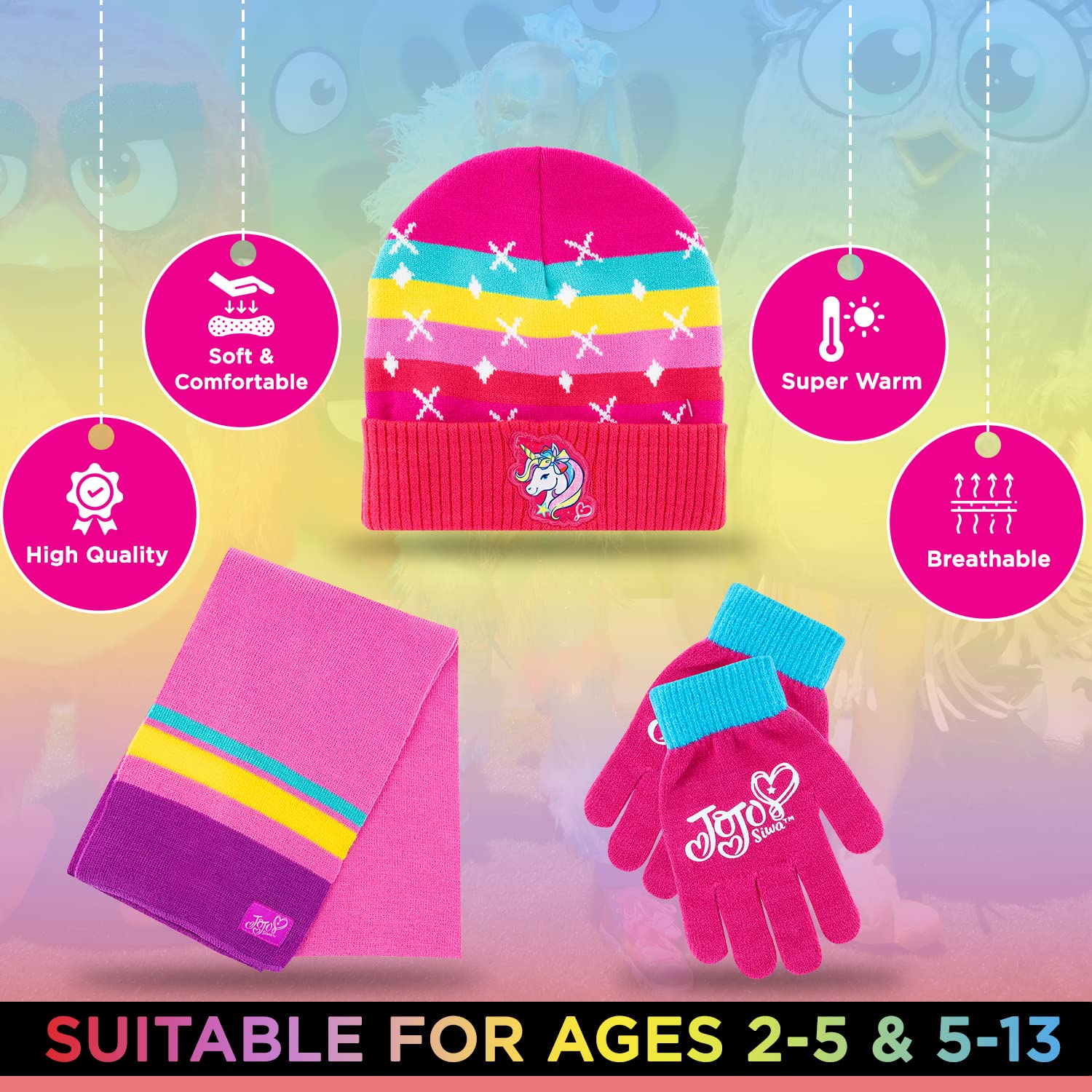 JoJo Siwa Kid’s Winter Hat, Scarf, and Snow Gloves, 3 Pc. Set, Soft and Warm Pom-Pom Beanie with Big Bow