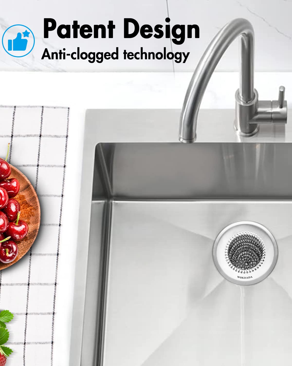 Kitchen Sink Drain Strainer, Flexible Sink Strainer with Stopper, 304 Stainless Steel Anti-Rust Mesh Sink Strainer, Wokdada Revolutionary Clog-Free Food Catcher for Garbage Disposal