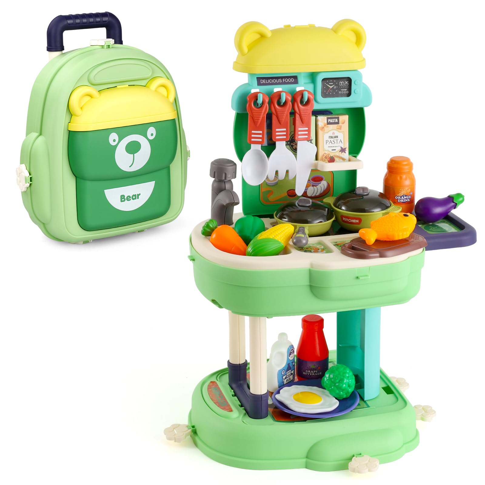Kitchen Playset, 3 in 1 Kitchen Pretend Play Toys for Toddlers, 34 PCS Realistic Cooking Accessories for Girls Boys Age 3 4 5 6 7