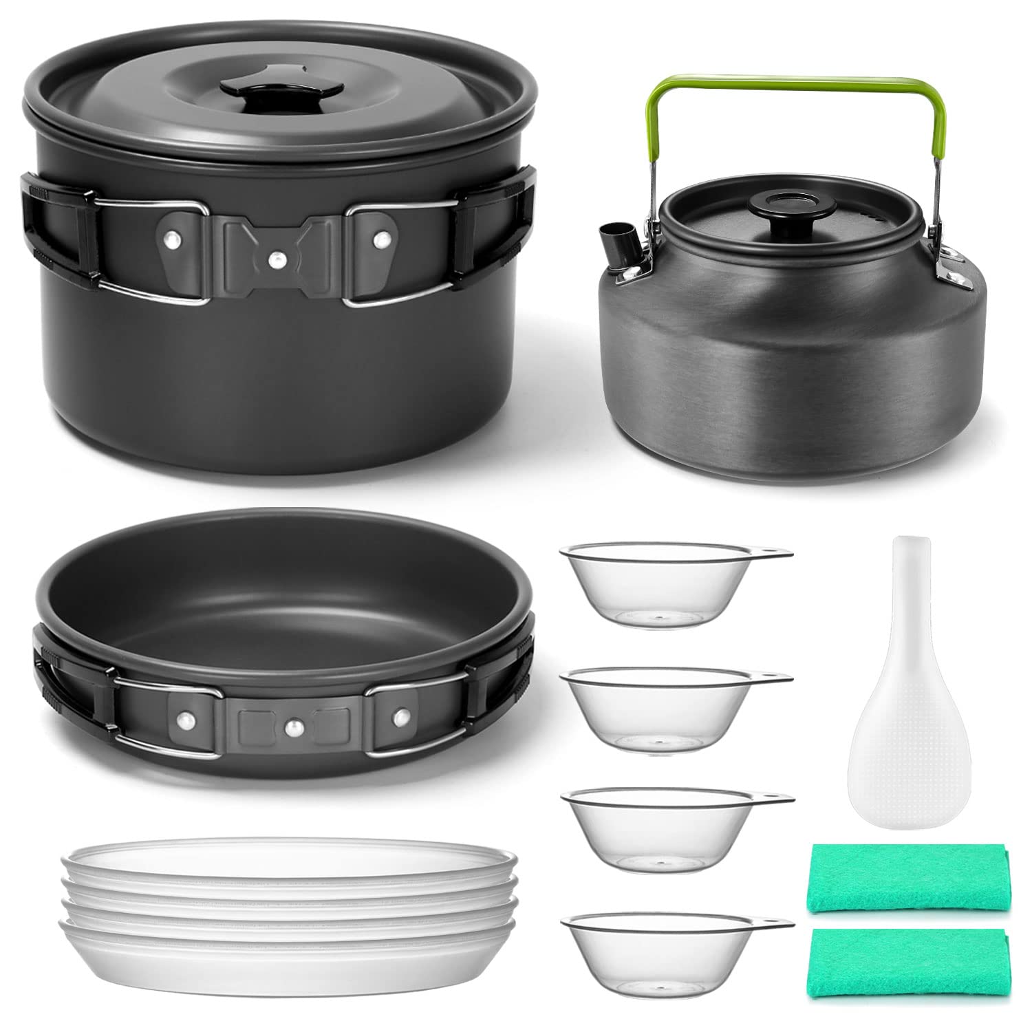 Odoland 15pcs Camping Cookware Mess Kit, Camping Cooking Set, Portable Nonstick Camp Pots and Pans Set with Kettle, Plates Bowls for Outdoor Camping, Picnic, Hiking, Backpacking