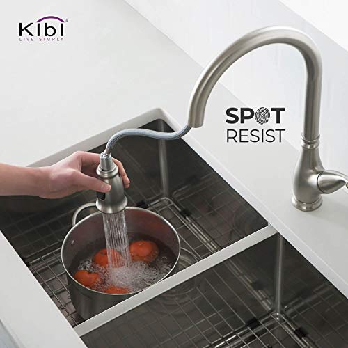 KIBI Summit Single Handle Pull Down Faucet for Kitchen Sink | Solid Brass High Arc Faucet Spout | 360 Degree Swivel Faucet with Pull Down Sprayer (Brushed Nickel) (KKF2009) (Soap Dispenser included)