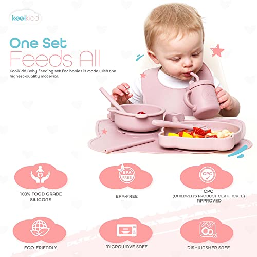KOOLKIDD 11 in 1 Silicone Baby Feeding Set with Suction Bowl Plate Sippy Cup Spoons Forks Adjustable Bib Placemat for 6+ Months Dishwasher and Microwave Safe (Pink)