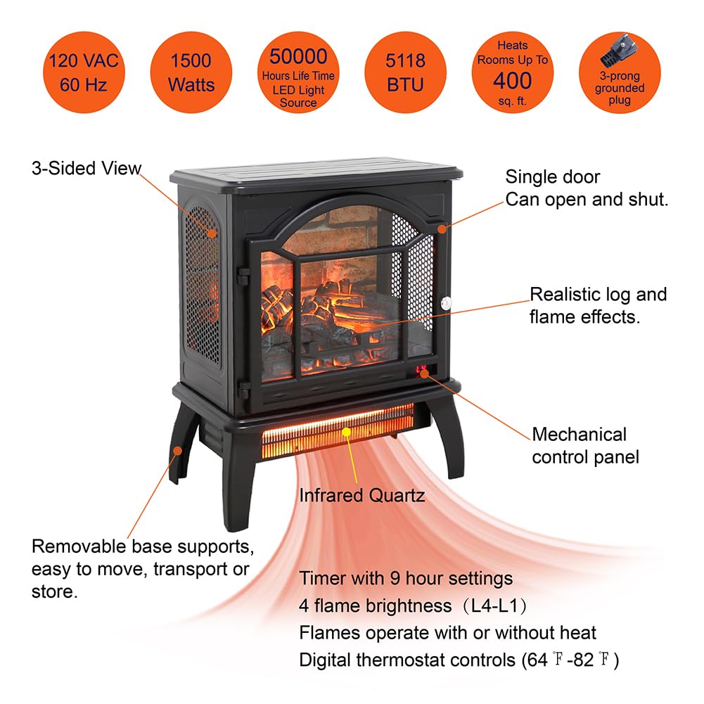 IVYHAVEN Infrared Space Stove Heater Fireplace, Freestanding Electric Fireplaces Safety Protection 64℉ - 82℉ 11 Temperature Modes 1500W Fast Heating, 3D Realistic Flame, for Cold Winter