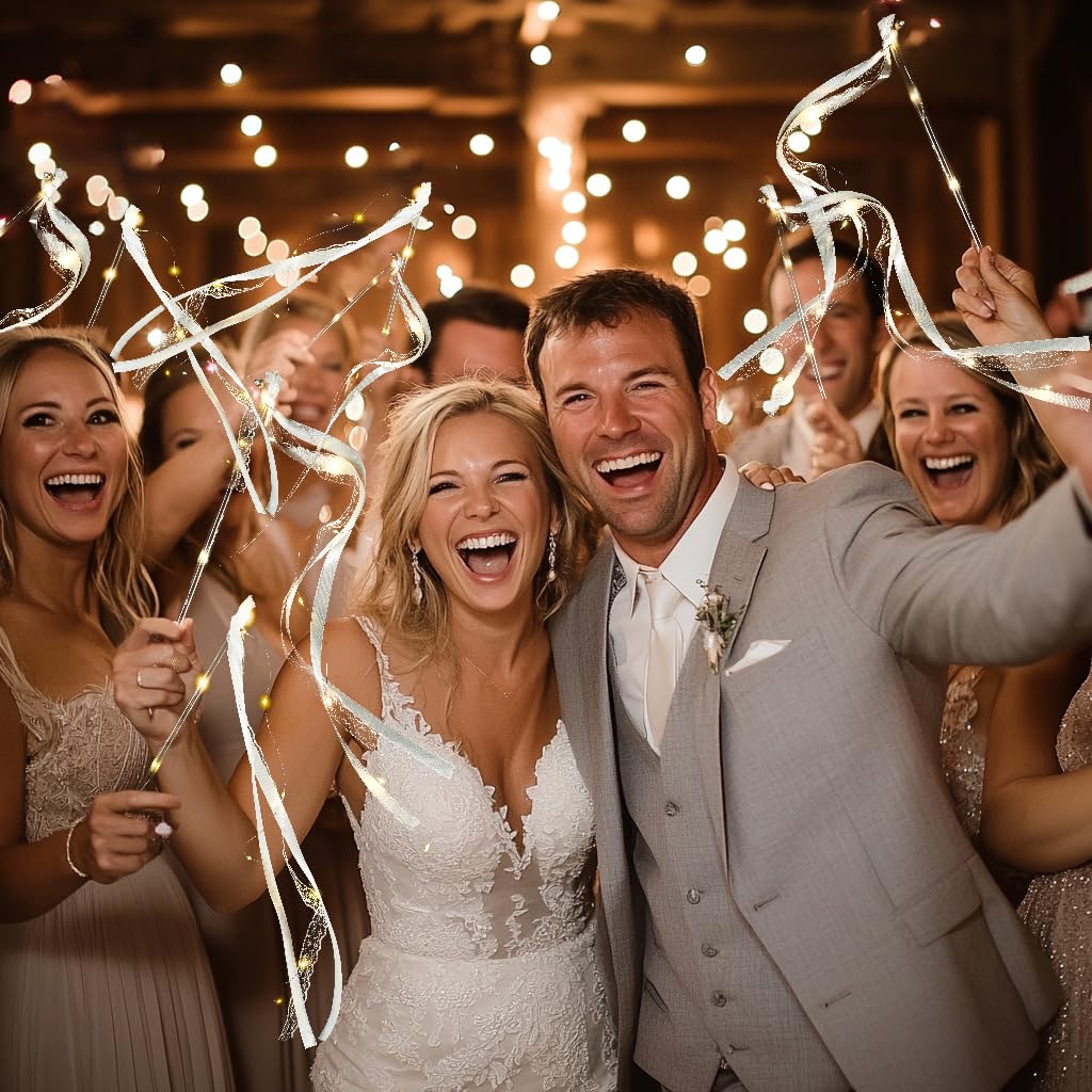 Wedding Sparklers Send Off,Wedding Streamers Light Up Fairy Wands White Glow Sticks with Bells for Reception Birthday Led Dark Party Wedding Church Exit Prop Recessional
