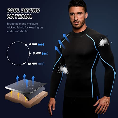 Odoland 3 Pack Mens Long Sleeve Compression Shirts, Mock Turtleneck Shirts, Active Workout Cool Dry Athletic Base Layer Top, Black+Grey/Black+Blue/Black+Red, L