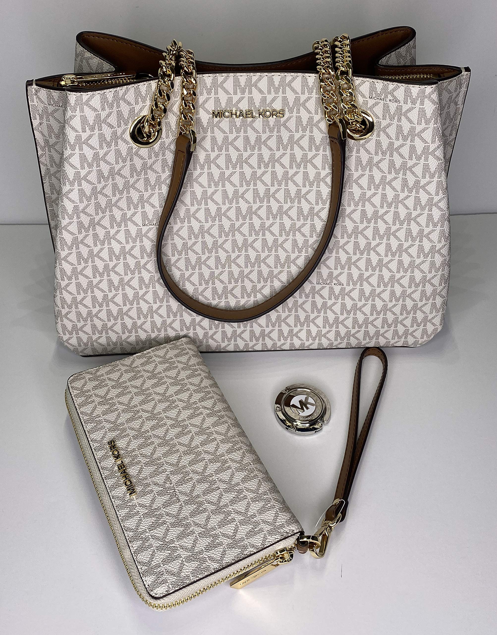 MICHAEL Michael Kors Teagen Satchel bundled with Phone Wallet/Wristlet & Handbag Hook (Signature MK Vanilla)