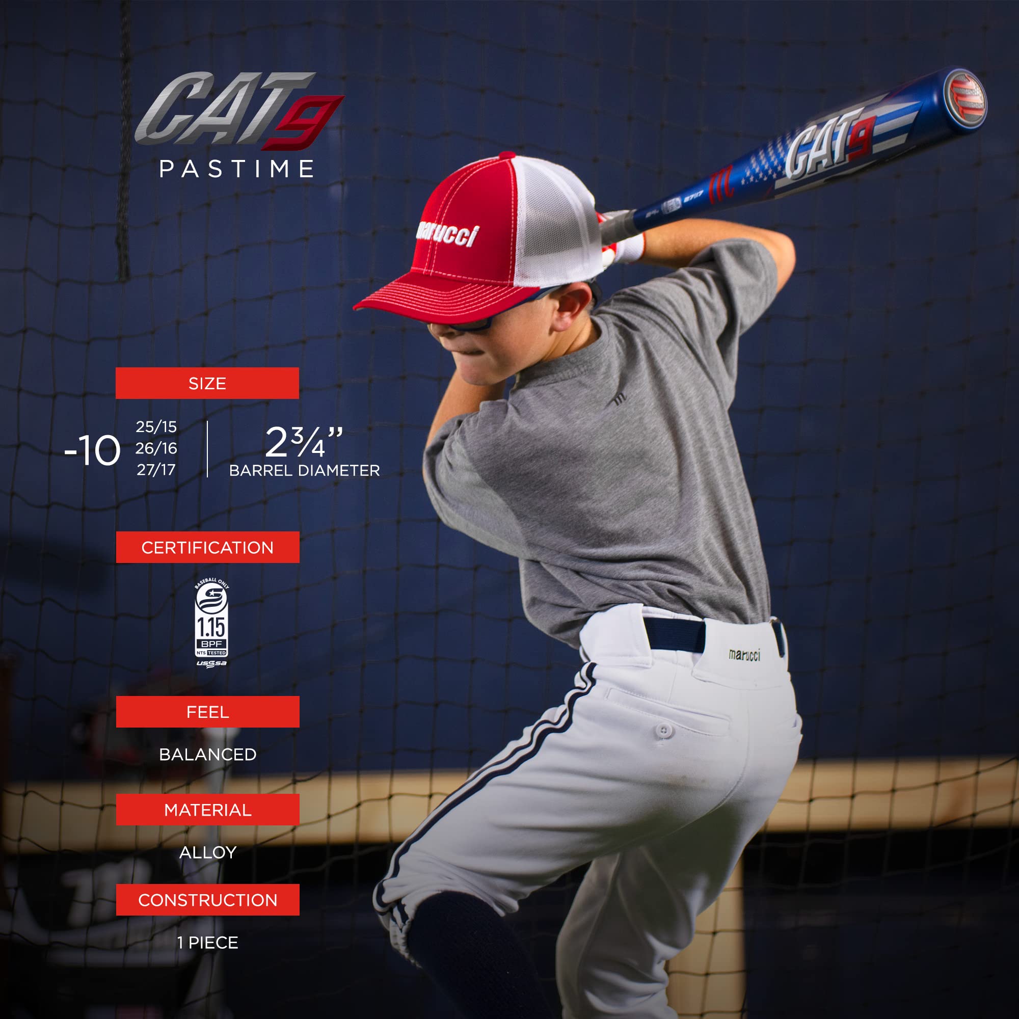 Marucci CAT9 PASTIME -10 USSSA Junior Big Barrel Youth Metal Baseball Bat, 2 3/4" Barrel, 27"/ 17 oz
