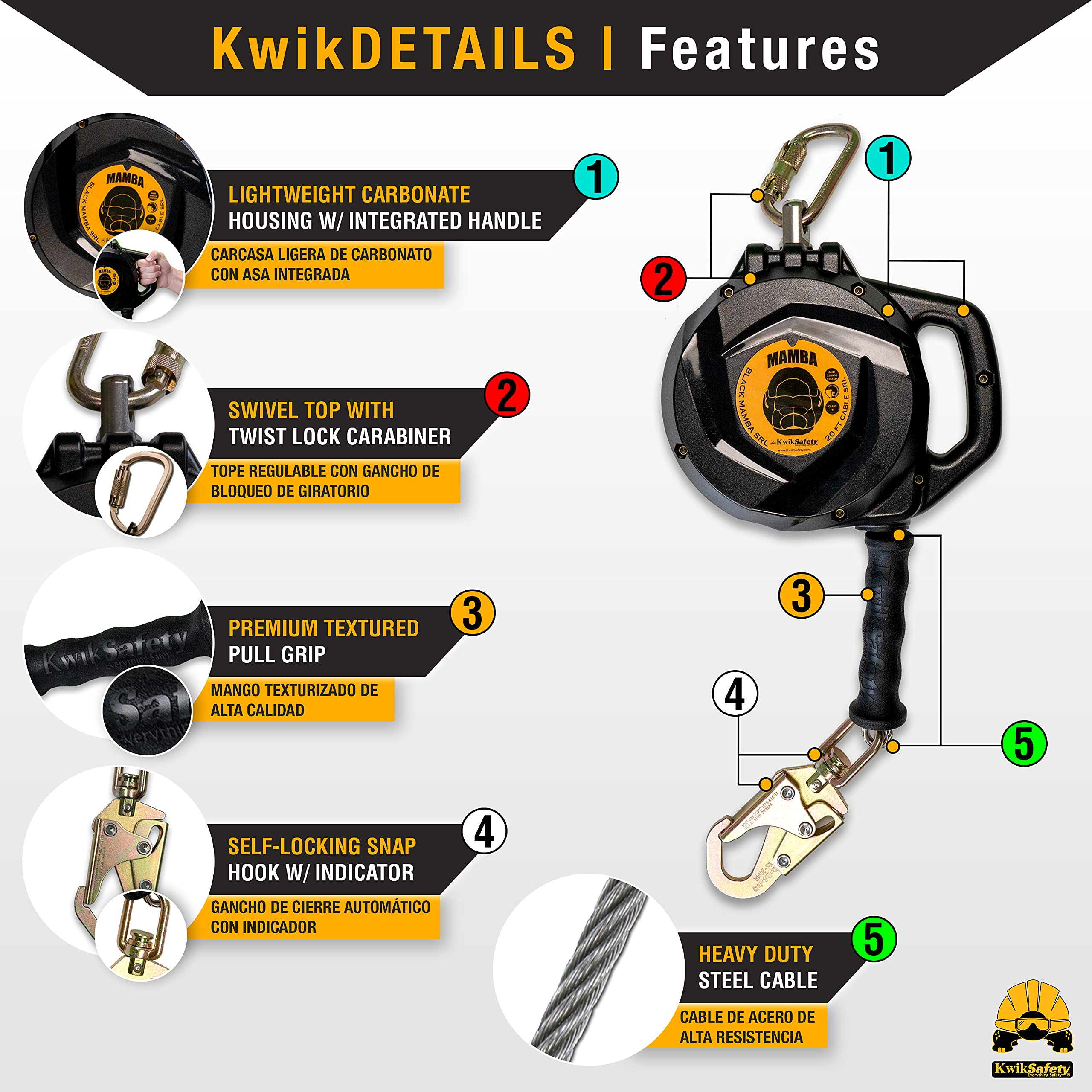 KwikSafety - Charlotte, NC - Mamba 50’ Self Retracting Lifeline [Carbonate + Integrated Handle] Class B Cable SRL ANSI OSHA Retractable Fall Arrest Safety Roofing Construction Gear