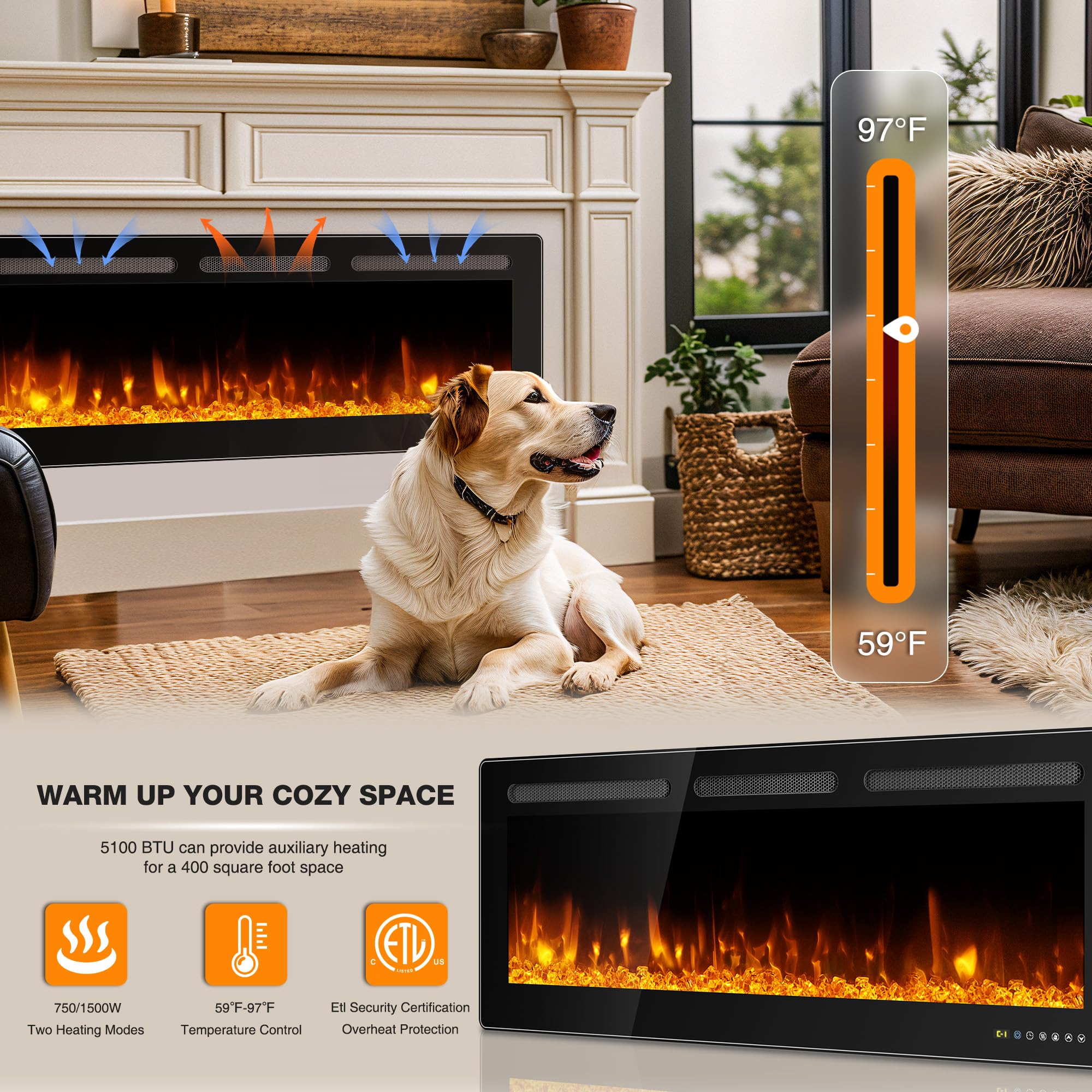Manastin 60" Electric Fireplace Ultra-Thin Recessed Wall Mounted Fireplace Insert 750/1500W Adjustable Flame Linear Fireplace Heater with 12h Timer/Remote Control/Touch Screen/Crystal Stone