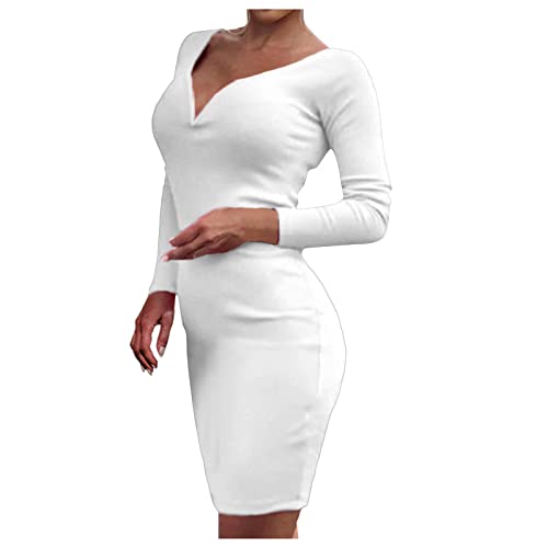 Pinkpaopao Solid Color Wrap Dress for Women Deep V-NEC Casual Long Sleeve Shift Dress Elegant Simple Work Bodycon Dress