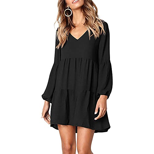 Pinkpaopao Splicing Solid Color Swing Dress for Women Lantern Long Sleeve Elastic Mini Dress Ruched Loose V Neck Dress