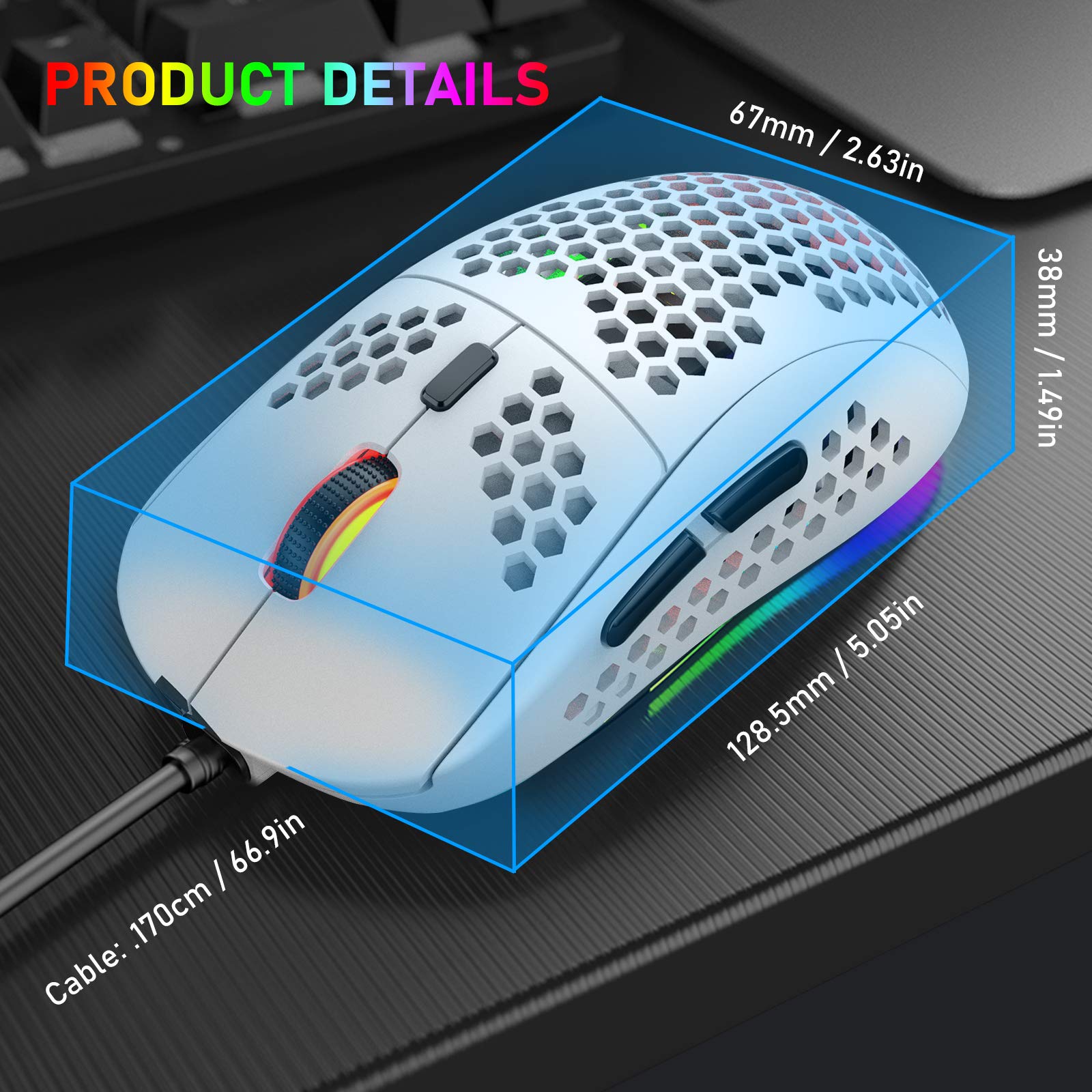 Lightweight Gaming Mouse with Ergonomic Honeycomb Shell 6 RGB Backlight Mode 7 Button Programmable Driver Adjustable 6400 DPI Optical Sensor Wired Ultraweave USB Cable for PC MAC Computer Gamer(Blue)