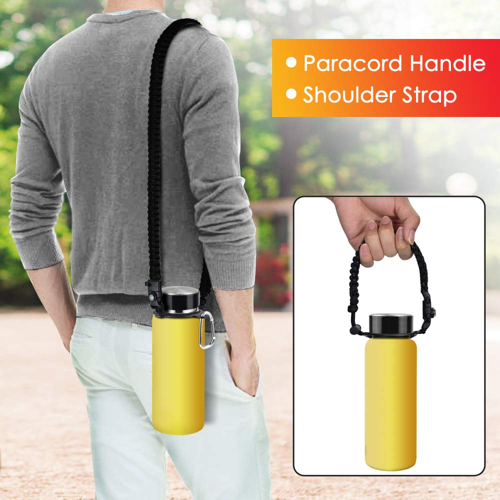 KATUMO Paracord Handle with Long Shoulder Strap for Hydro Flask, Fits for 12oz - 64oz Wide Mouth Bottles(Not for the NEW Hydro Flask 2.0), with Safe Ring, Fire Starter, Whistle, Compass, Snap Hook
