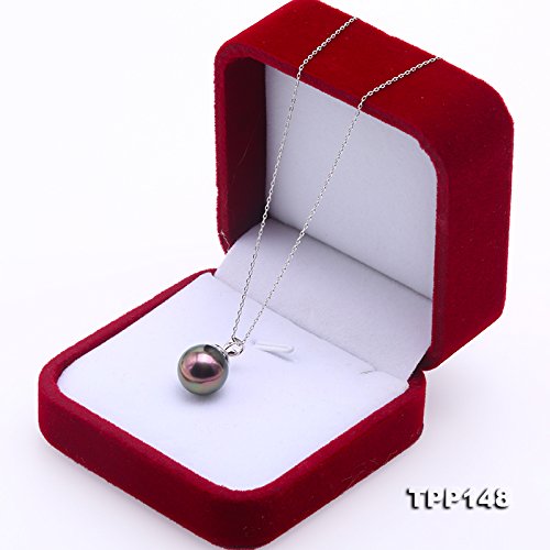 JYX Pearl 18K White Gold Pendant Necklace AAA 12mm Round Peacock Green Tahitian Pearl Pendant Necklace for Womens