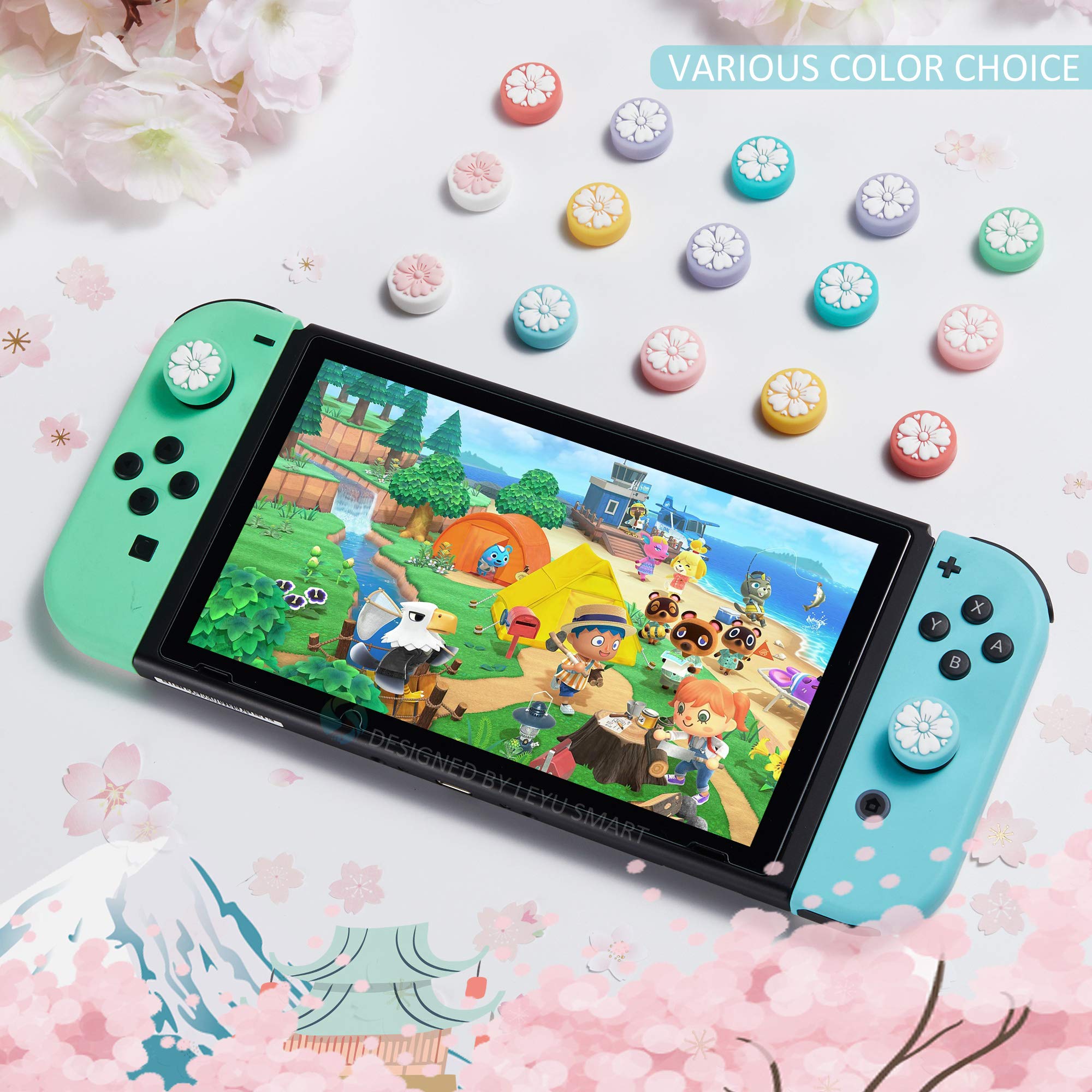 LeyuSmart Sakura Flower Thumb Grip Caps, Joystick Cap for Nintendo Switch/OLED/Lite, Soft Silicone Cover for JoyCon Thumbstick,4Pcs (AnimalCrossing)