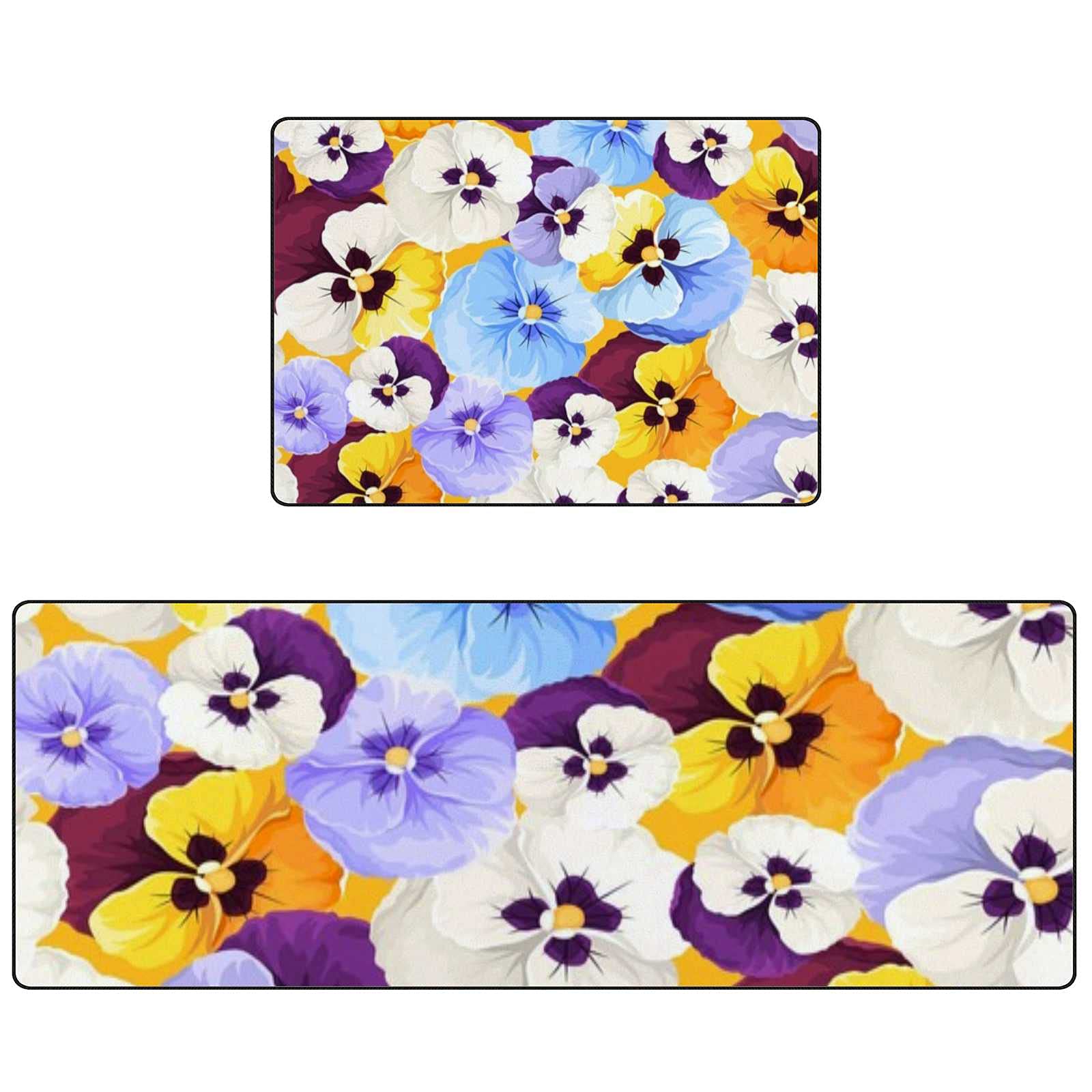Kitchen Rugs and Mats Set of 2 Pieces Anti Fatigue Standing Mat Colorful Pansy Flowers Non Slip Washable Comfort Flooring Carpet Runner for Kitchen Home