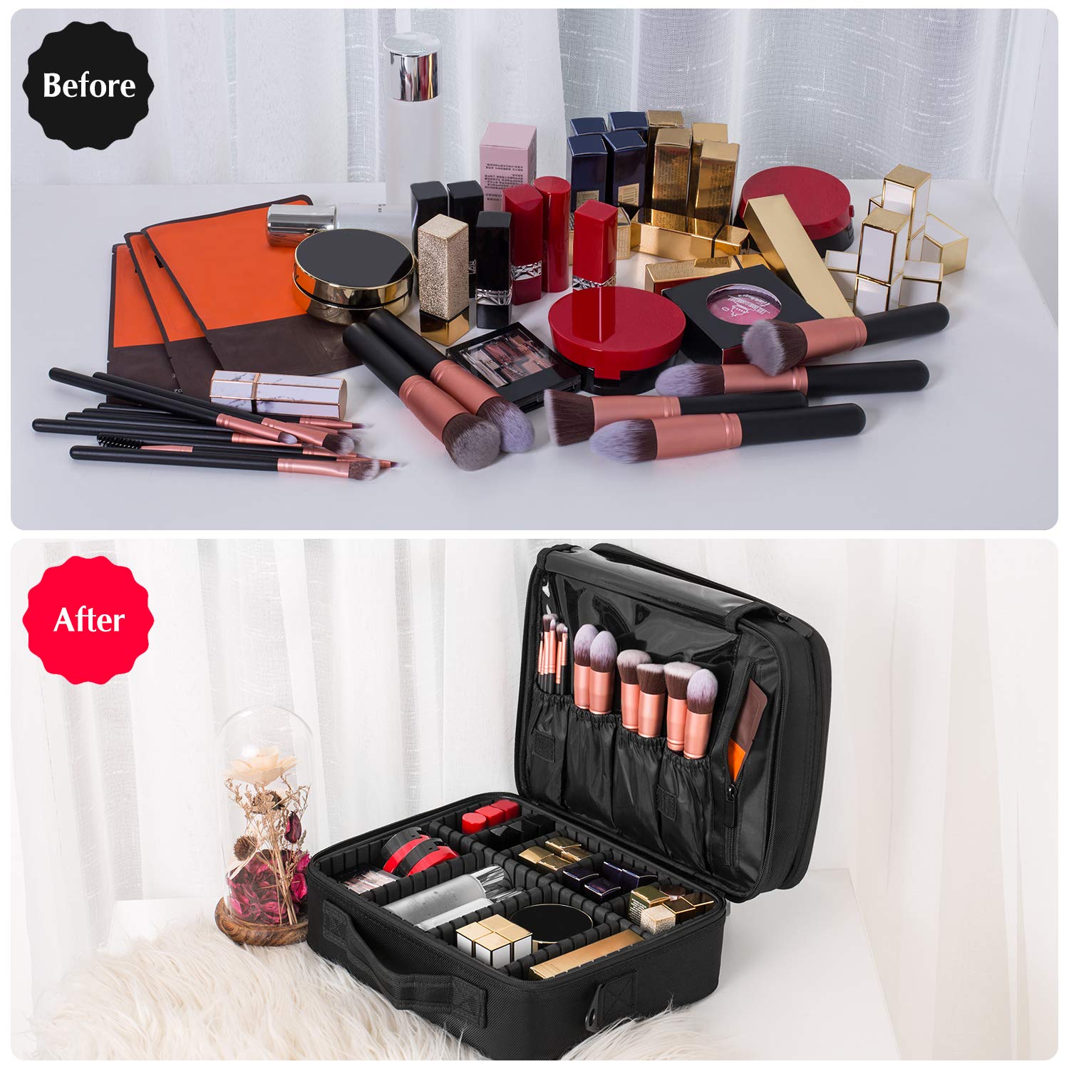 Kootek Large Travel Makeup Bag 3-Layer Cosmetic Train Case Portable Toiletry Organizer with Mirror Removable Dividers Shoulder Strap for Makeup Tools Brushes Jewelry Digital Accessories