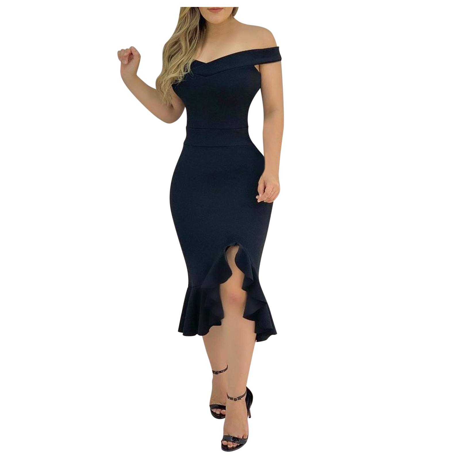 Pinkpaopao Women Off Shoulder Wrap Dress Side Split Ruffle Hem V-Neck Sleeveless Solid Color Midi Dress