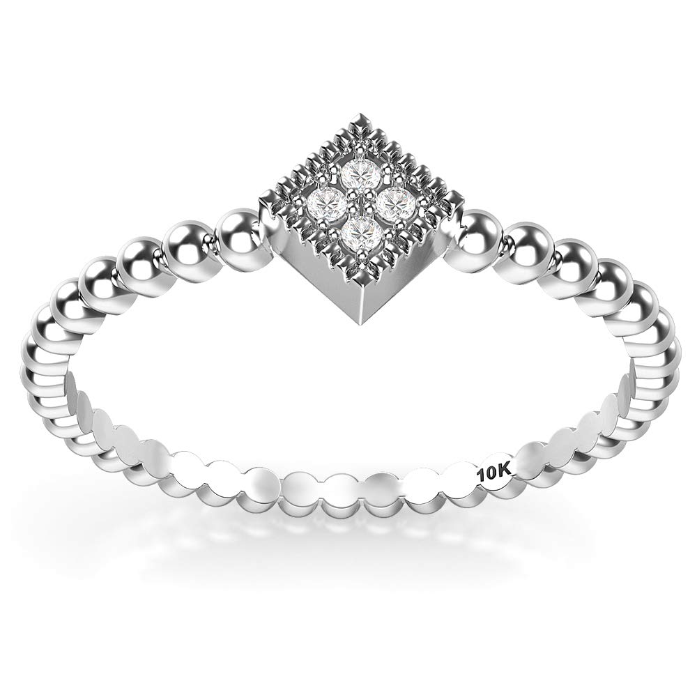 Kobelle Sz 4.5 Solid 10K White Gold Diamond Bead Style Square Cluster Wedding Engagement Ring