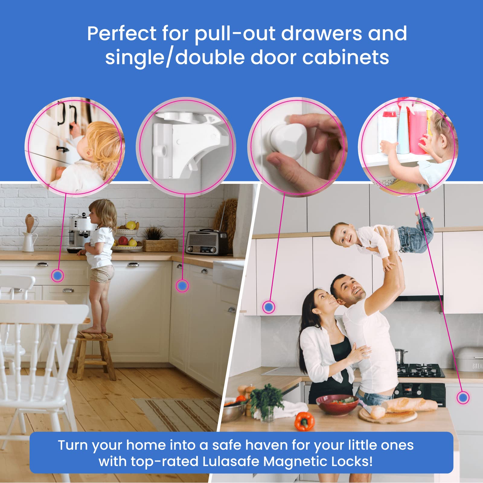 Lulasafe Magnetic Cabinet Locks β 10 Pack Baby Proof Cupboard Safety Latches β Adhesive, for Cabinets & Drawers - Easy Installation No Drilling or Tools Required