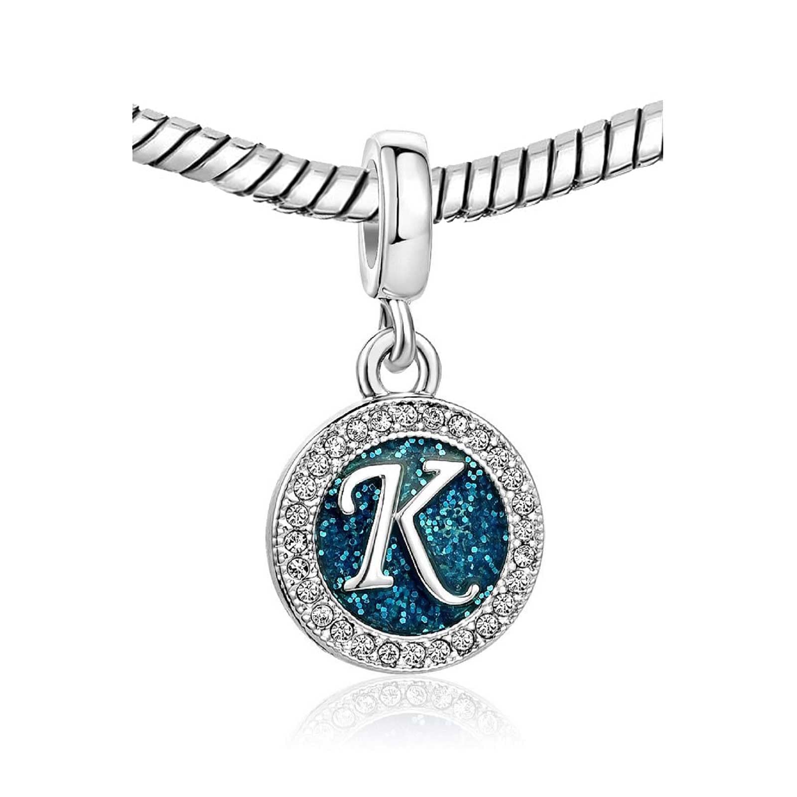 KunBead Initials K Letter Spakling Blue Alphabet Dangle Birthday Charm Compatible with Pandora Bracelet for Women