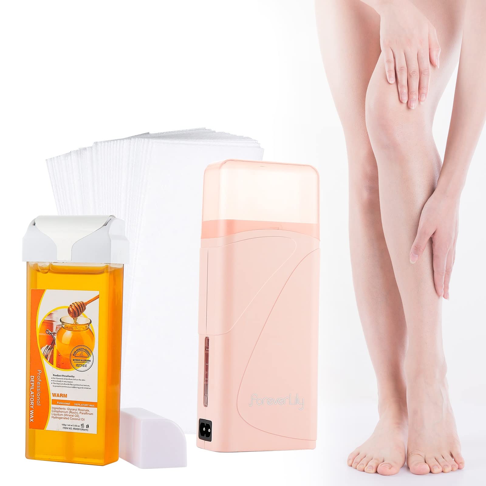 Roll on Wax Kit for Hair Removal, Wax Roller Kit with Wax Warmer Machine/Honey Roller Wax Cartridge/100Pcs Wax Strips, Roll on Wax Warmer kit Men Women, foreverLily