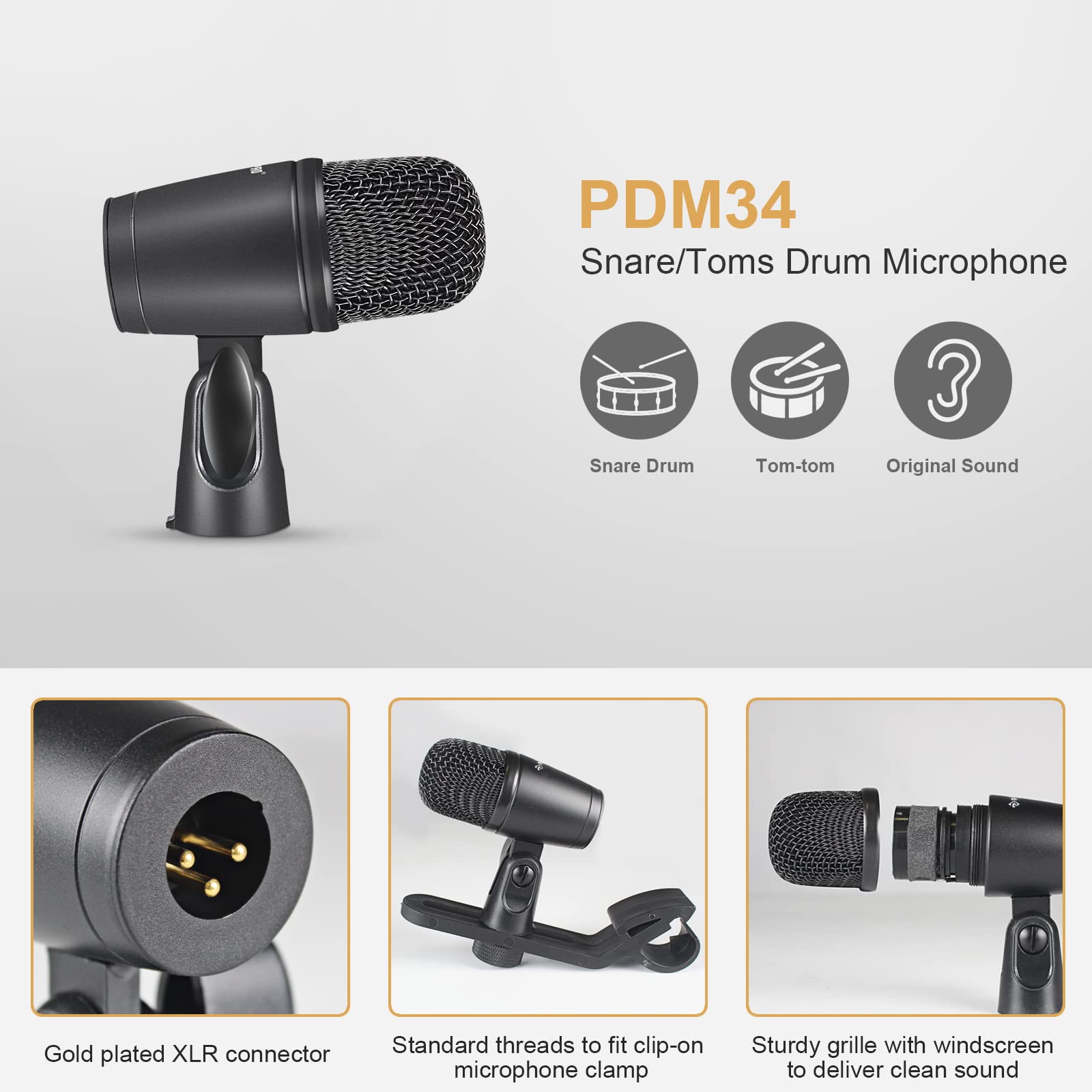 Phenyx Pro Drum Microphone Kit, Drum Mics 7-Pieces, Full Metal Wired Dynamic Drum Mic Set for Bass/Tom/Snare/Hi-hat Cymbals, with Carrying Case + Mic Holder + Thread Drum Mic Clip (PTD-10)