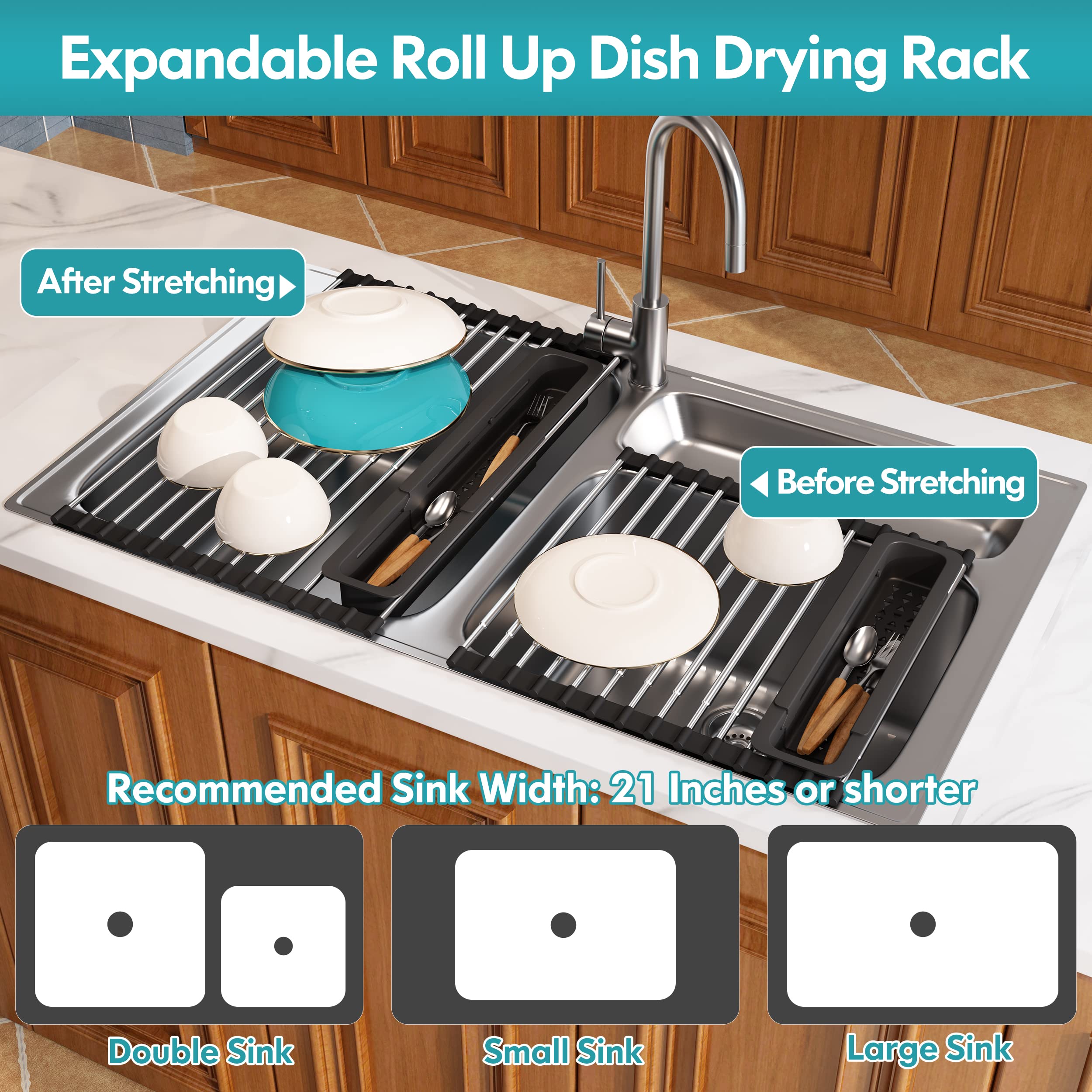 JASIWAY Roll Up Dish Drying Rack, Over The Sink Dish Drying Rack, Foldable, Portable,304 Stainless Steel Dish Drainers for Kitchen Inside Sink Counter (Black, 17.5" x12“)