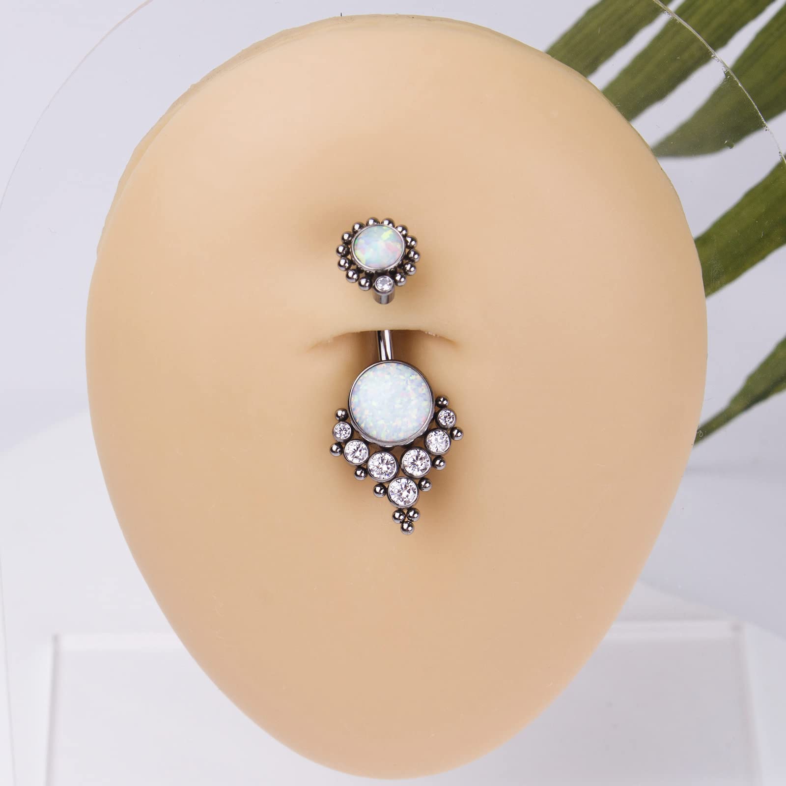 Moridux 14g G23 Real Solid Titanium Bezel Cluster Belly Button Rings With Opal CZ 10mm Internally Threaded Navel Piercing Jewelry Barbell Stud Navel Rings For Women(White Opal+Clear CZ)