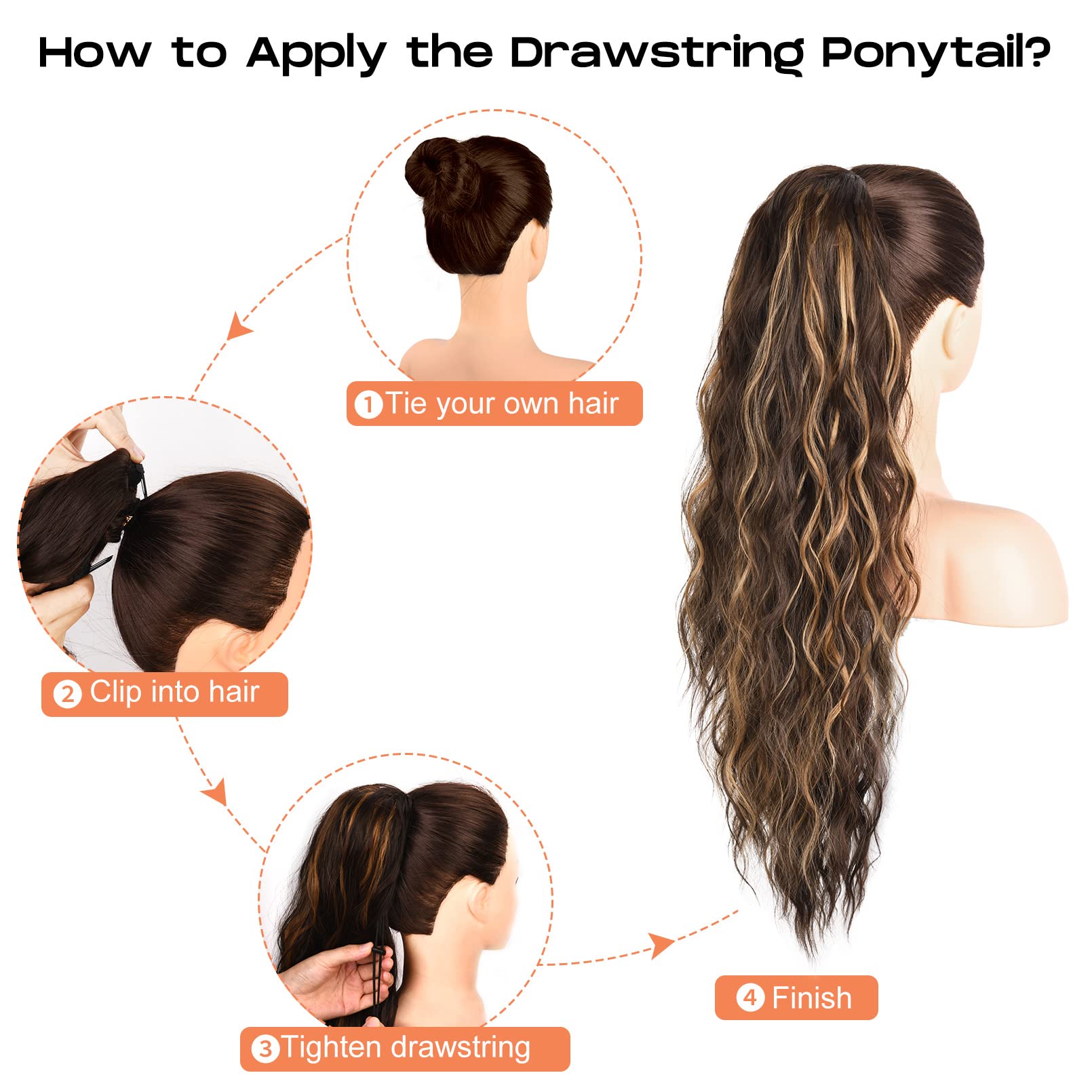 SEIKEA 26" Ponytail Extension Drawstring Ponytail,PT003 Eva for Women Long Thick Wavy Clip in Hair Extensions Ponytail Natural Soft Synthetic Hairpiece for Women Dark Chocolate Brown