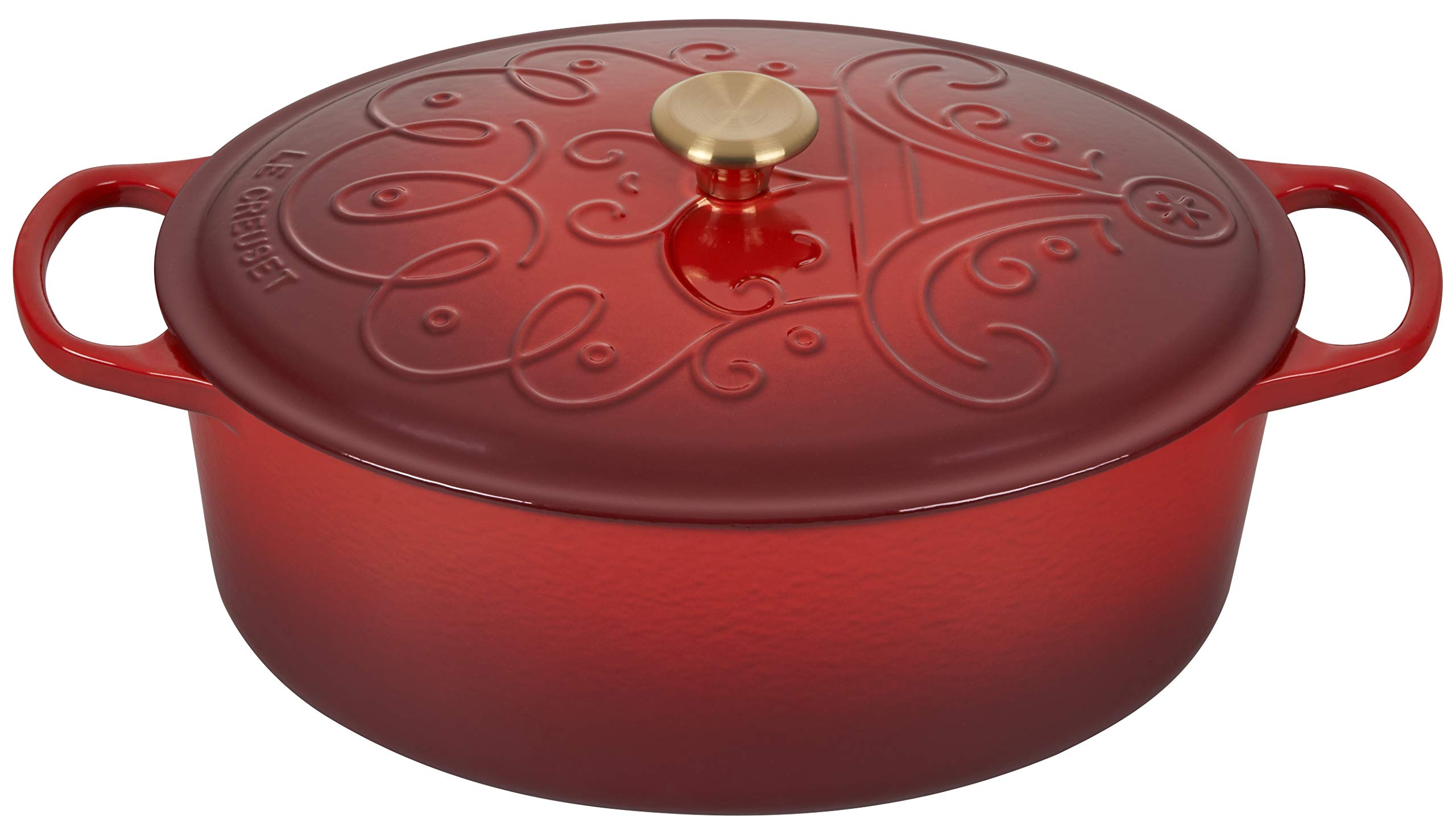 Le Creuset Noel Collection: Signature Cast Iron Oval Dutch Oven, 6.75 qt., Cerise Applique w/ Gold Knob