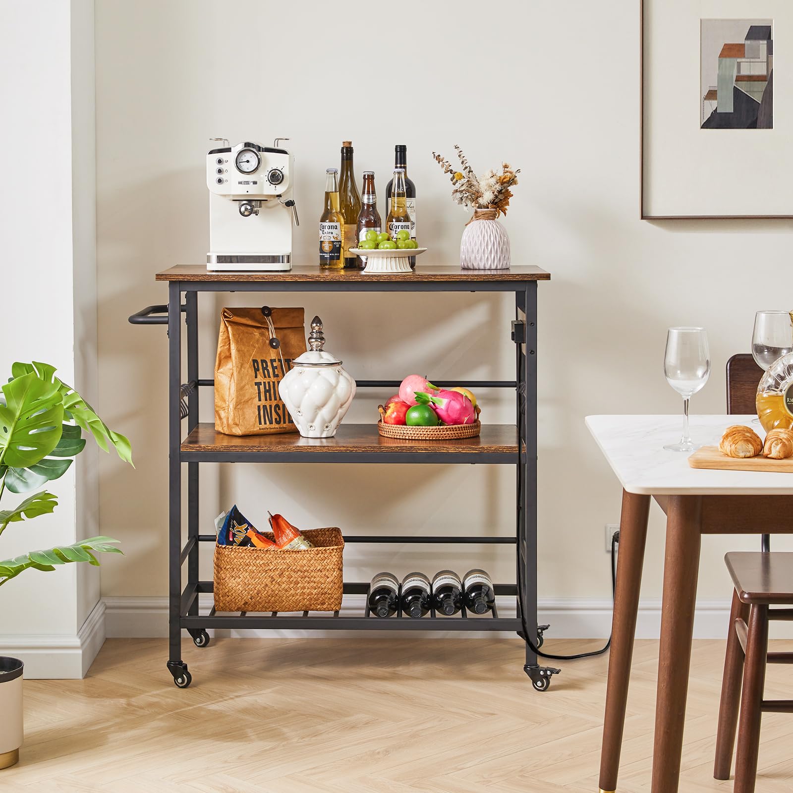 IBUYKE Kitchen Island with 3 Shelves, Island Table for Kitchen with Power Outlet,Kitchen Cart with Large Worktop,Rolling Bar Cart for Home, Outdoor, Kitchen, Living Room TMJ024H