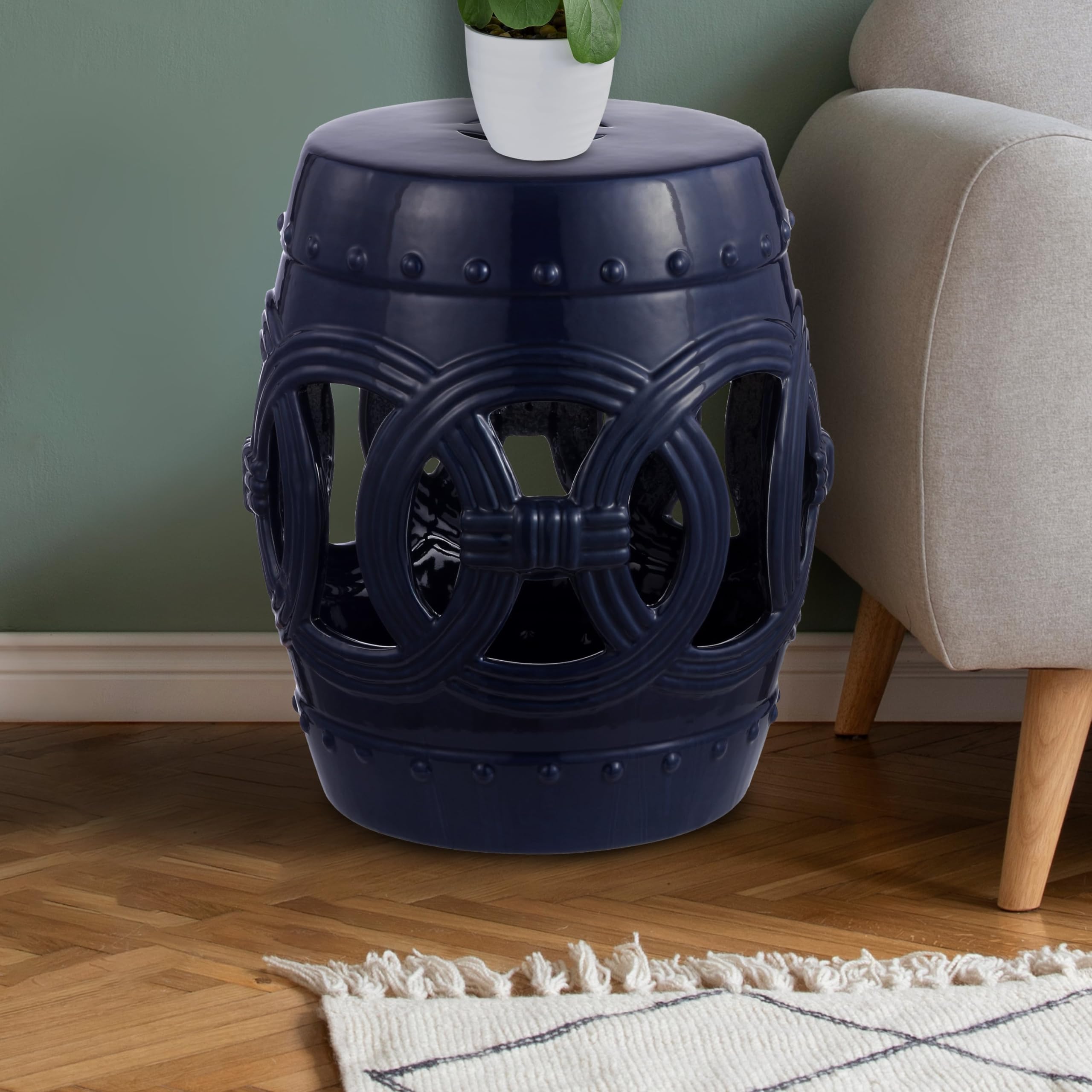 JONATHAN Y TBL1022B Lucky Coins 16" Chinese Ceramic Drum Garden Stool Bohemian, Coastal, Classic, Cottage, French Country, Traditional, Transitional, Side Table, Plant Stand, Spill-Proof, Navy