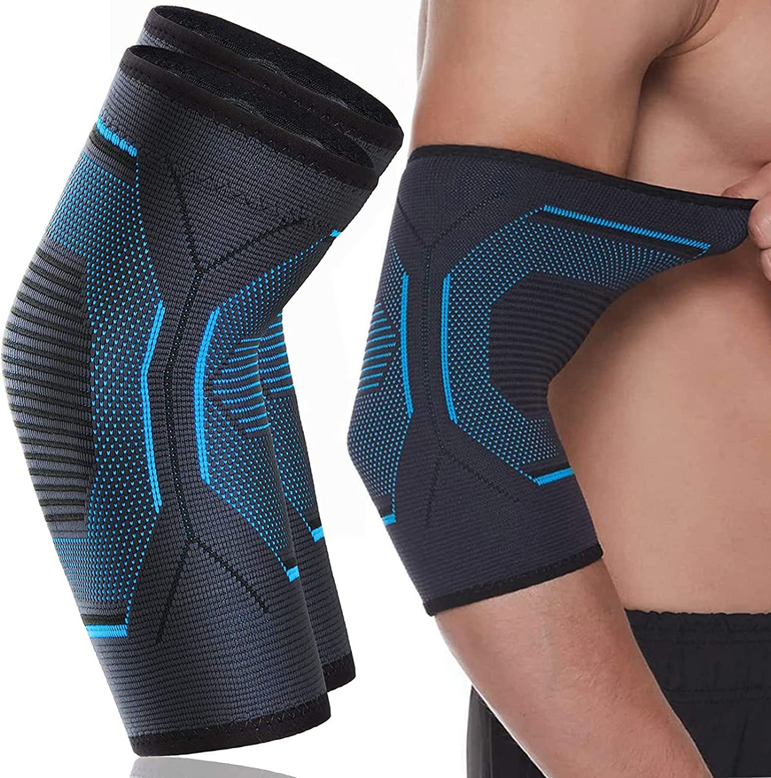 Seitaku Elbow Brace Elbow Compression Sleeve Men Women 2 Pack, Elbow Support Elbow Brace for Tendonitis and Tennis Elbow, Elbow Sleeve Weightlifting, Workout, Sports, Arthritis (Blue Black, Medium)
