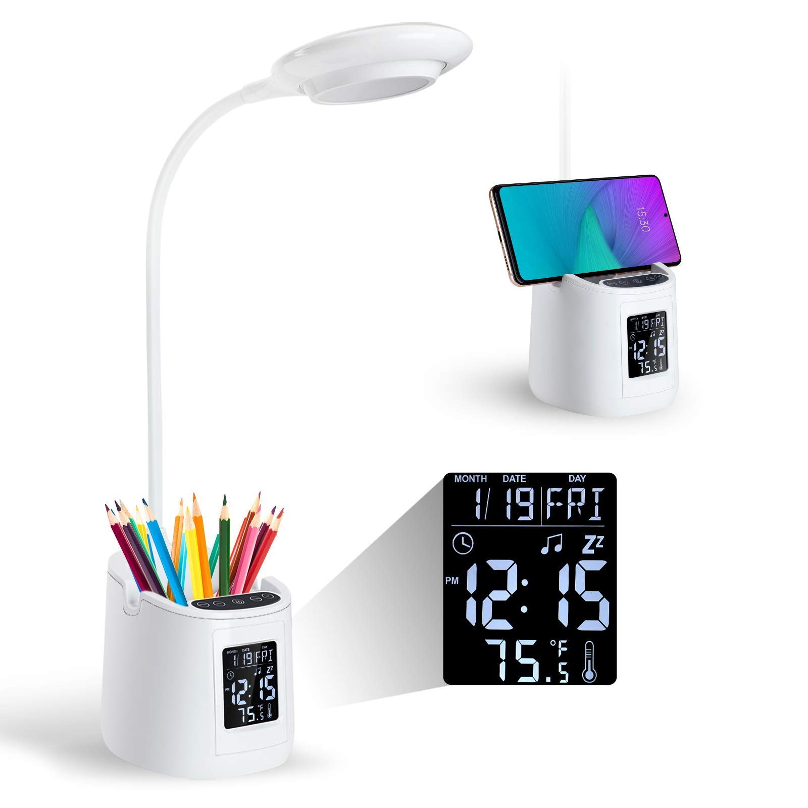KKUYI LED Desk Lamp with Pencil Holder, Kids Desk Lamp with Clock, 3 Brightness Boys Lamp with Organizer Dimmable Table Lamp for Teens, Rechargeable Study Lamp for Home and Office