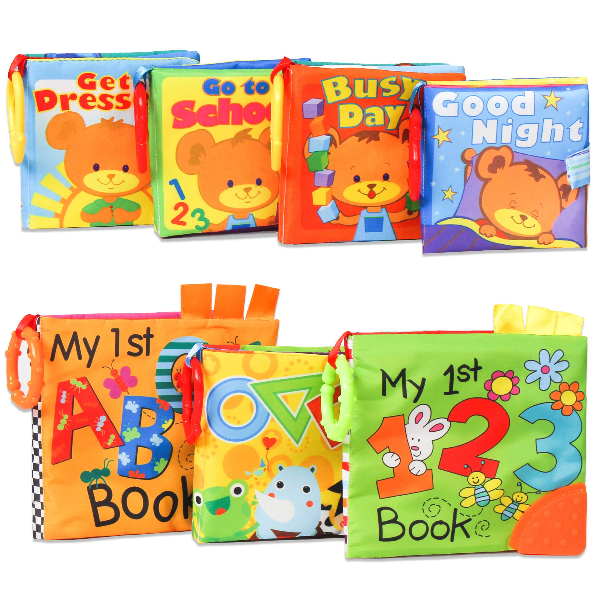 KIDAMI Baby Soft Books with Teether and Crinkle Paper 7pcs Waterproof Bath Book, First Year Book for Learning Numbers and Alphabets and Telling Stories, Gift for Infant, Baby and Toddler