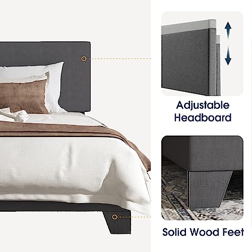 WEEWAY King Upholstered Platform Bed Frame with Adjustable Headboard and Strong Wooden Slats, Heavy-Duty Mattress Foundation, No Box Spring Needed, Easy Assembly, Dark Grey