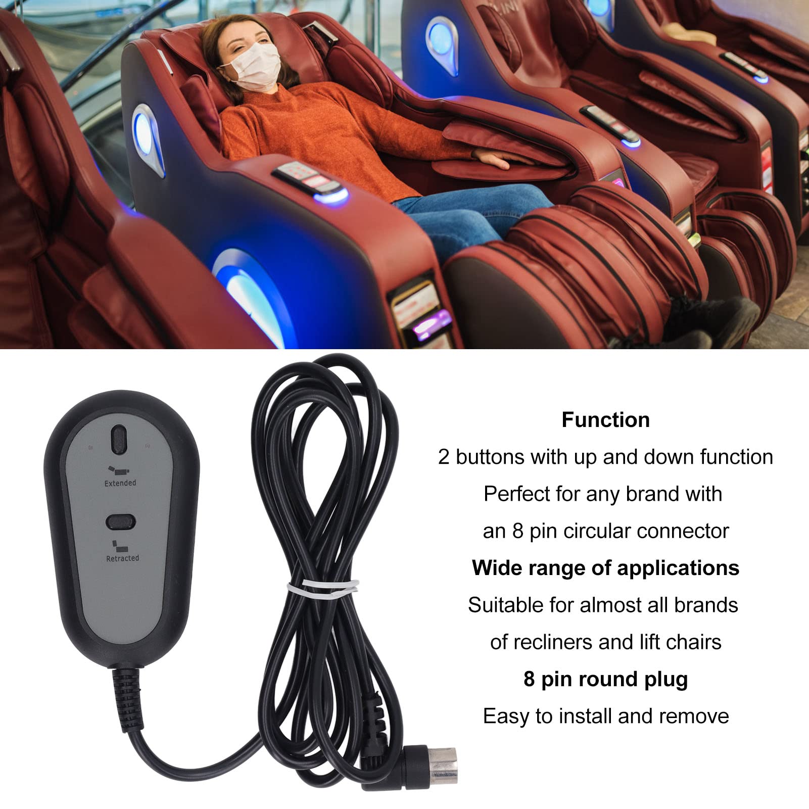 Lift Chairs Power Recliner, Recliner Replacement Parts, Power Recliner Controller Up and Down 2 Button 8 Pin Remote Handset Controller for Lift Chair