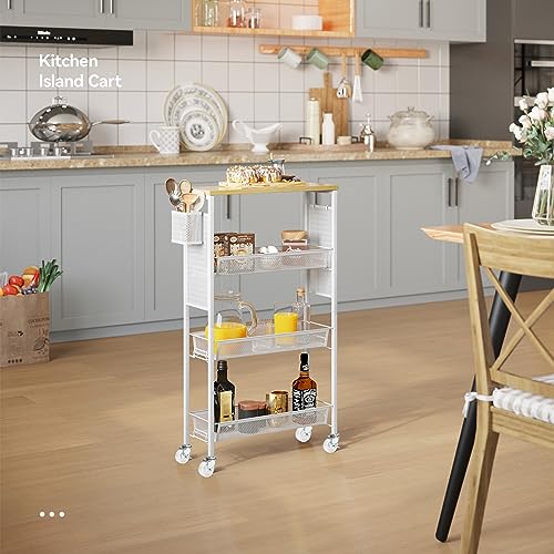 YITAHOME 4-Tier Slim Rolling Cart, Kitchen Cart with Wheels, Storage Cart with Wooden Tabletop and Mesh Baskets, Mobile Utility Cart for Narrow Space for Kitchen, Bathroom, Laundry Room,White