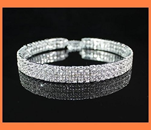 Janefashions 3-row Three-Row Clear Austrian Rhinestone Crystal Choker Necklace Collar Dance Party Wedding Prom Gold or Silver N175 (Silver)