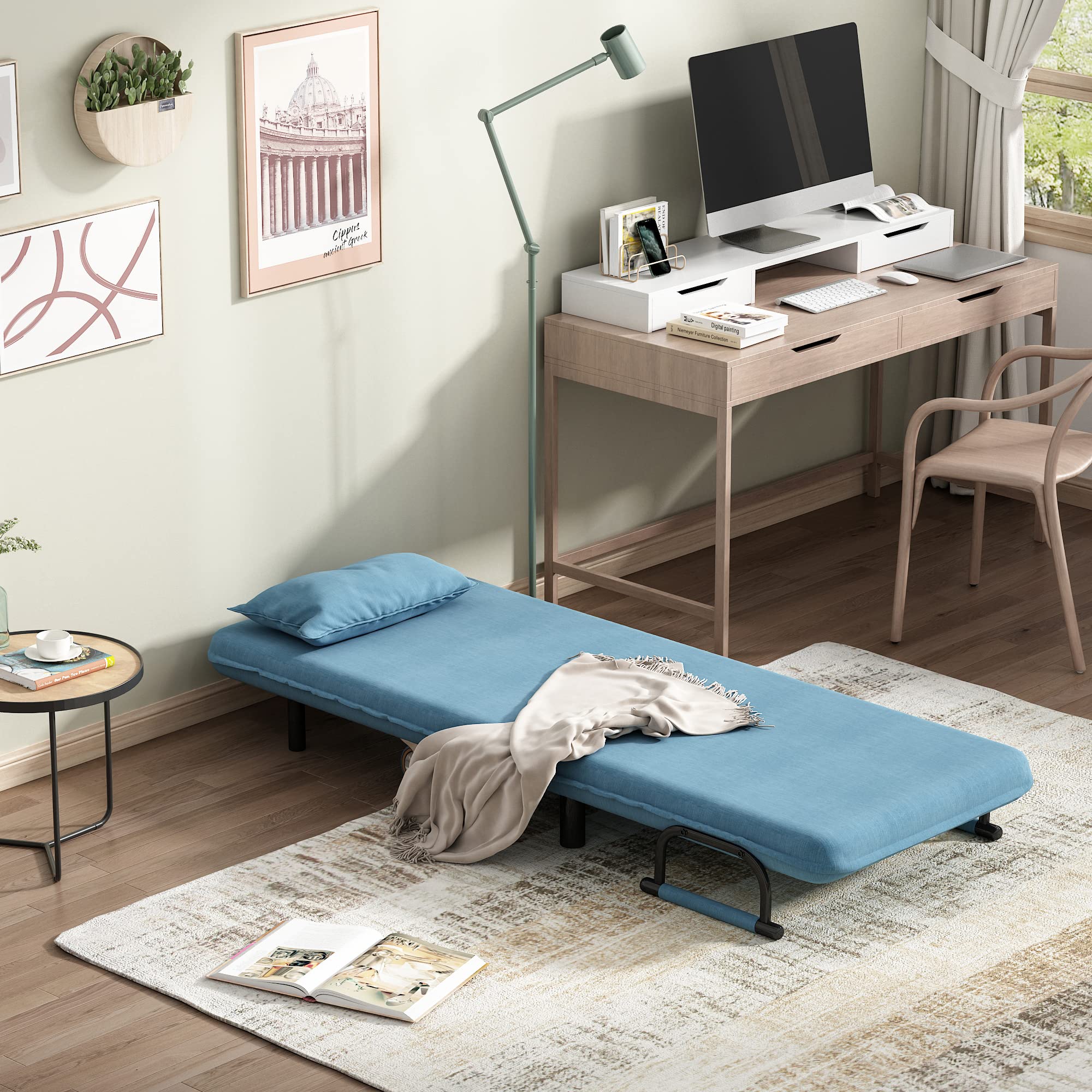 JAXSUNNY Convertible Sofa Bed Sleeper Chair, 5 Position Blue Recliner with Adjustable Backrest and Pillow, Chaise Lounge Couch for Living Room Bedroom Home Office