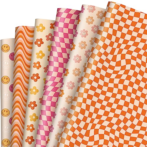 Whaline 12Pcs Retro Groovy Wrapping Paper Boho Daisy Face Checkered Gift Wrap Bulk Art Paper Folded Flat for Baby Shower Birthday Wedding DIY Crafts Gift Packing, 19.7 x 27.6 Inch