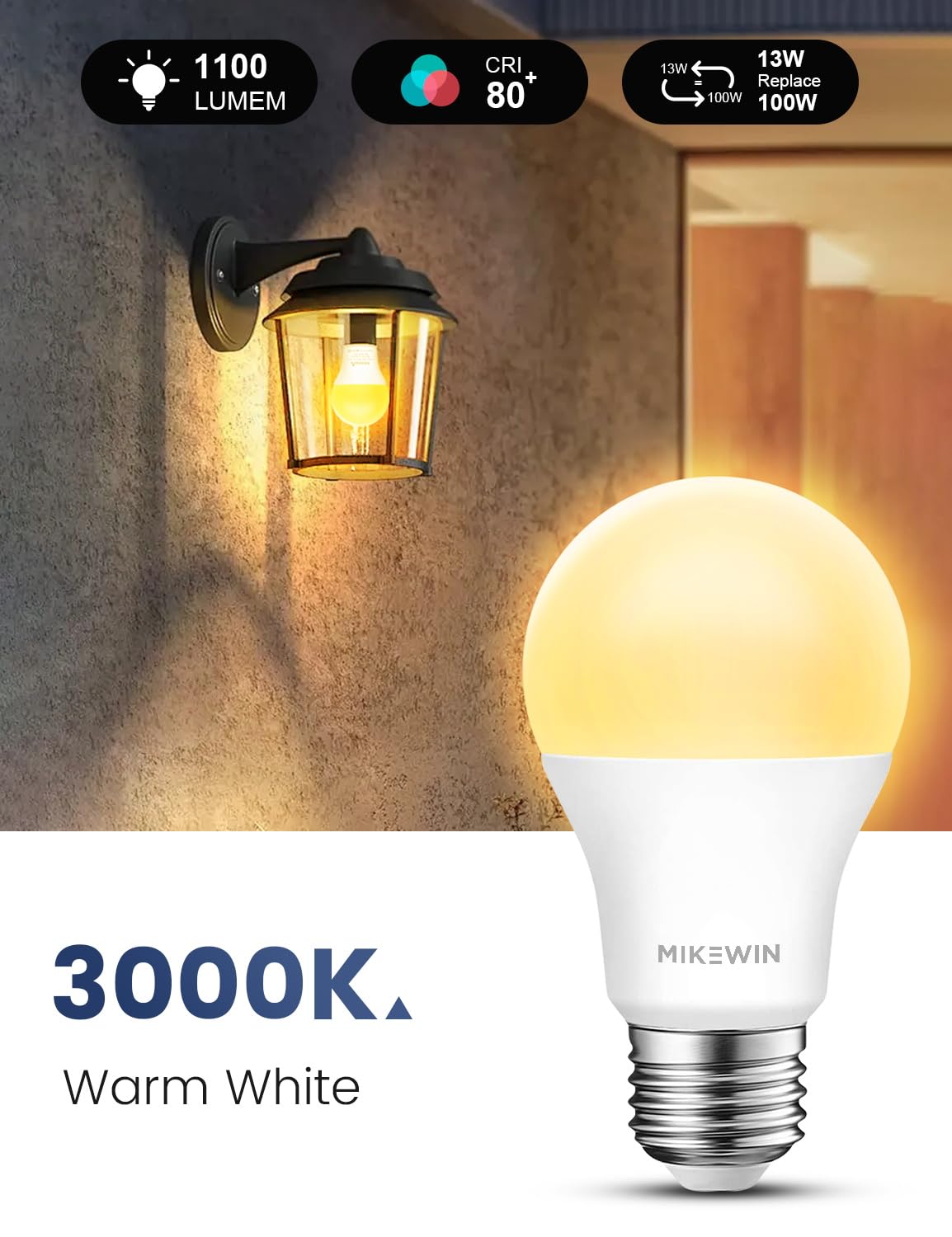 MikeWin Dusk to Dawn Light Bulbs Outdoor, 3000K Warm White, 12W(100W Equivalent) Auto ON/Off Light Sensor LED Lighting Bulb for Wall Lantern, Porch, Boundary, Garage, Patio, Front Door, 4 Pack