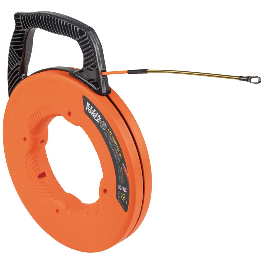Klein Tools 56380 Non-Conductive Electrical Fish Tape, Multi-Groove Fiberglass Wire Puller with Steel Leader, 100-Foot x 3/16-Inch