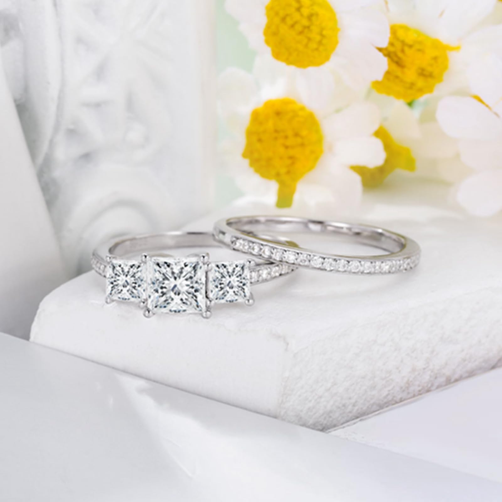 Princess Cut Wedding Ring Set for Women White Gold 3 Stone Moissanite Bridal Ring Set Engagement Ring Set 10K 14K 18K Gold Anniversary Promise Rings for Her with Text Engraving(10K
