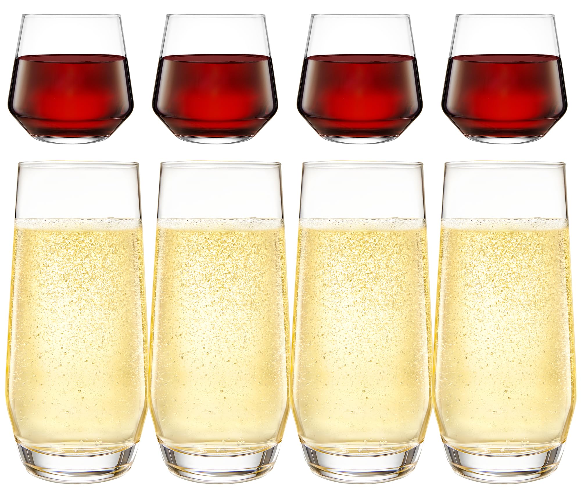 Kitchen Lux Tall & Short Drinking Glasses Set of 8-4 Tall Water Glasses and 4 Short Glass Cups Set - Elegant Drinkware - Deluxe Glassware Sets for Highball Sparkling Cocktails, Wine, Beer, Whiskey